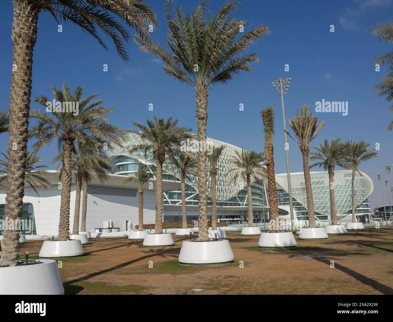 A modern building with a futuristic design, surrounded by palm trees ...
