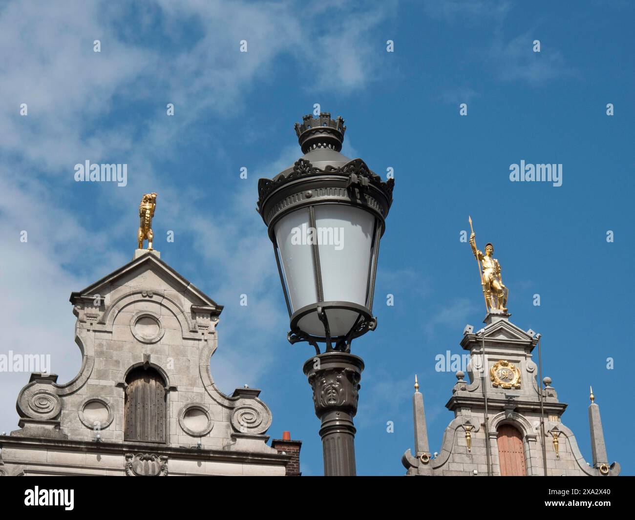 Historic buildings and streetlights under a blue sky and golden statues ...