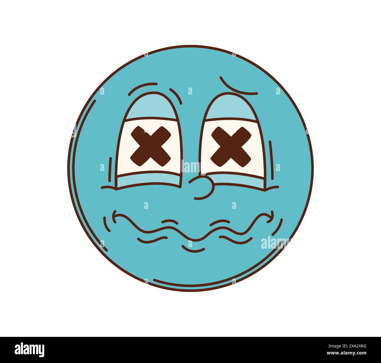 Cartoon retro hippie groovy unhappy face emoji. Isolated vector blue ...