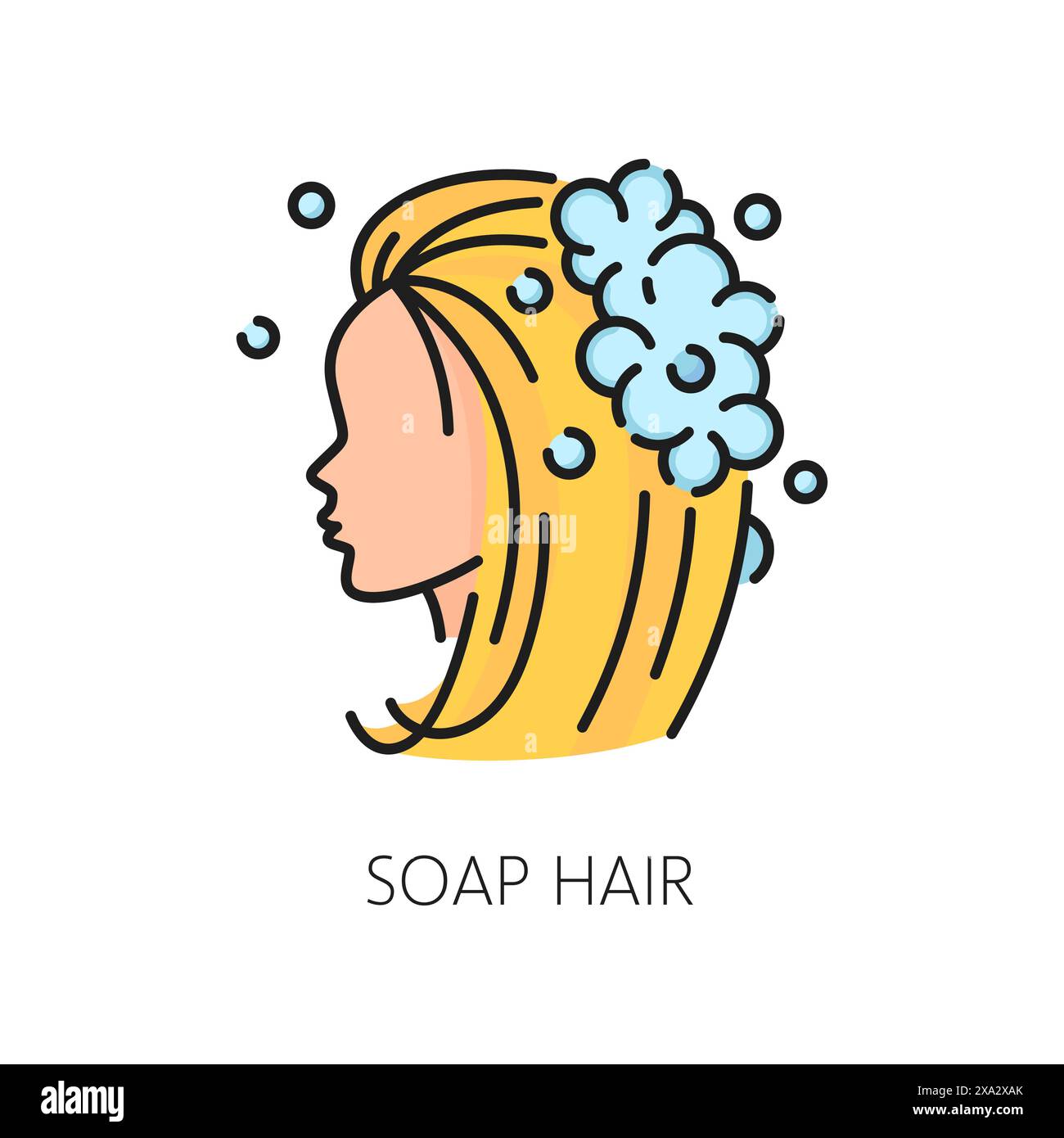 Hair soap care and treatment thin line color icon. Hair health ...