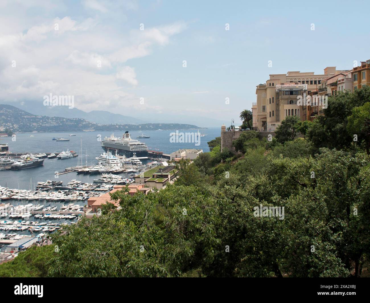 Coast with green hills, a town and many yachts in the water, Monte ...