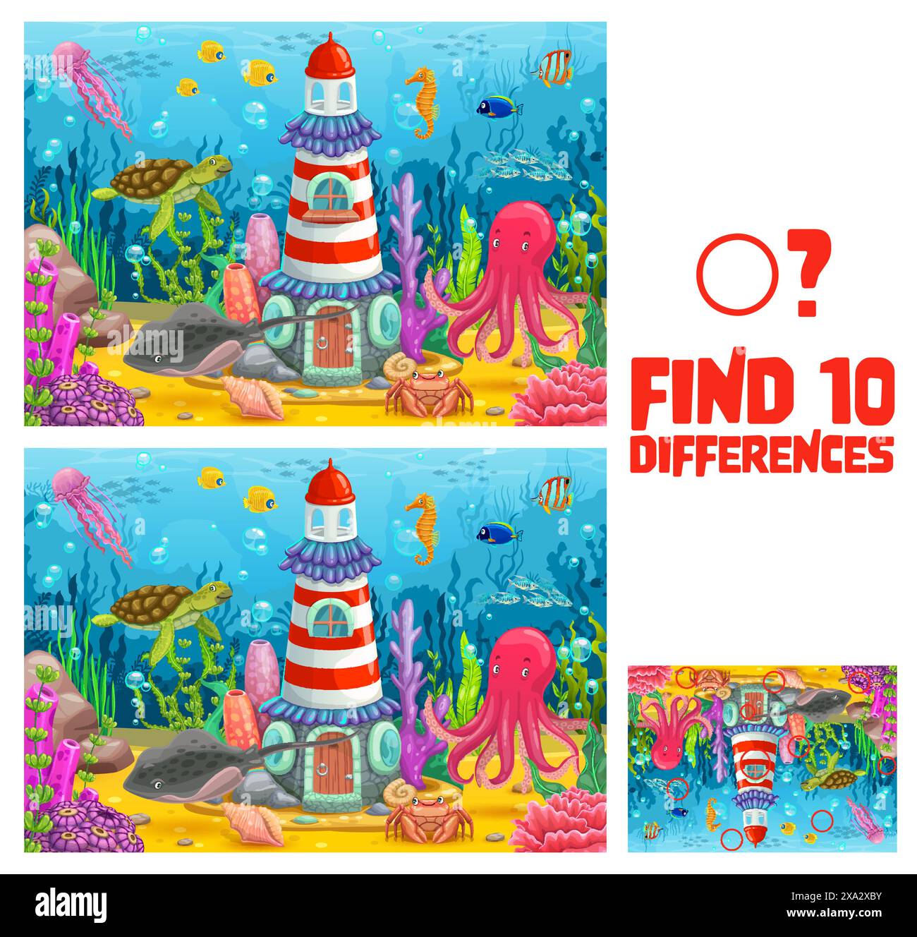 Find ten differences on underwater abandoned lighthouse landscape ...