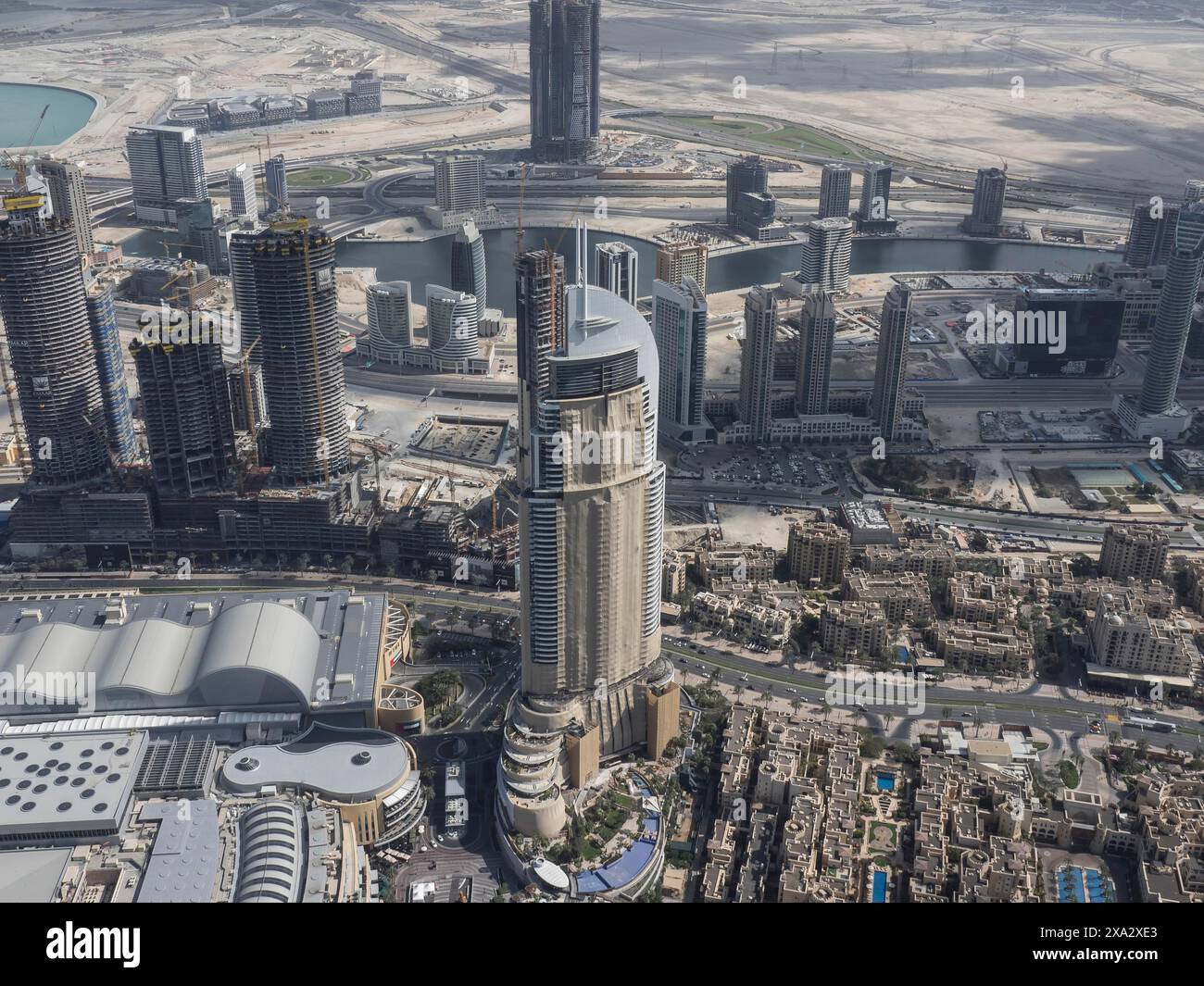 Bird's eye view of a modern city with many skyscrapers, rivers and ...