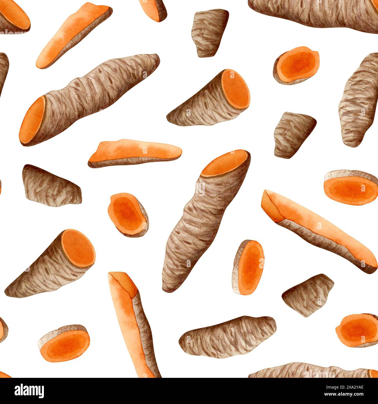 Turmeric curcuma roots and slices watercolor seamless pattern on white ...