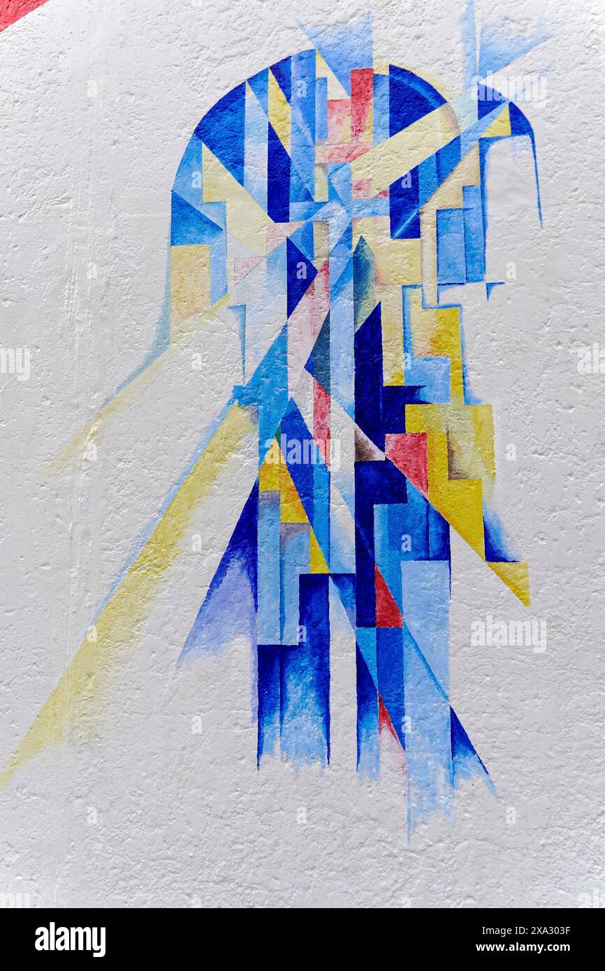 Abstract mural with geometric shapes and bright colours that radiate a ...