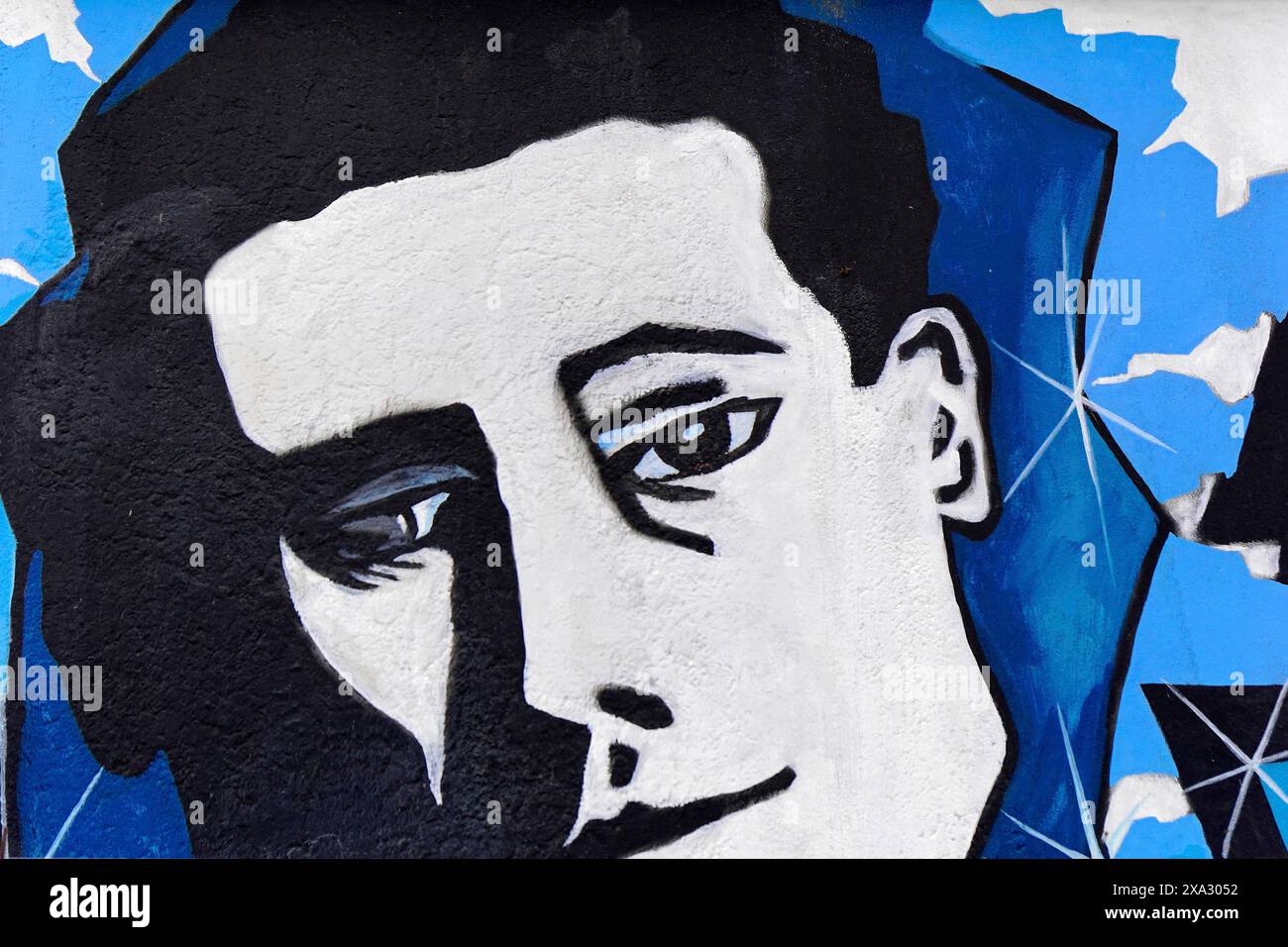 Cubist black and white portrait of a face with blue background on a ...