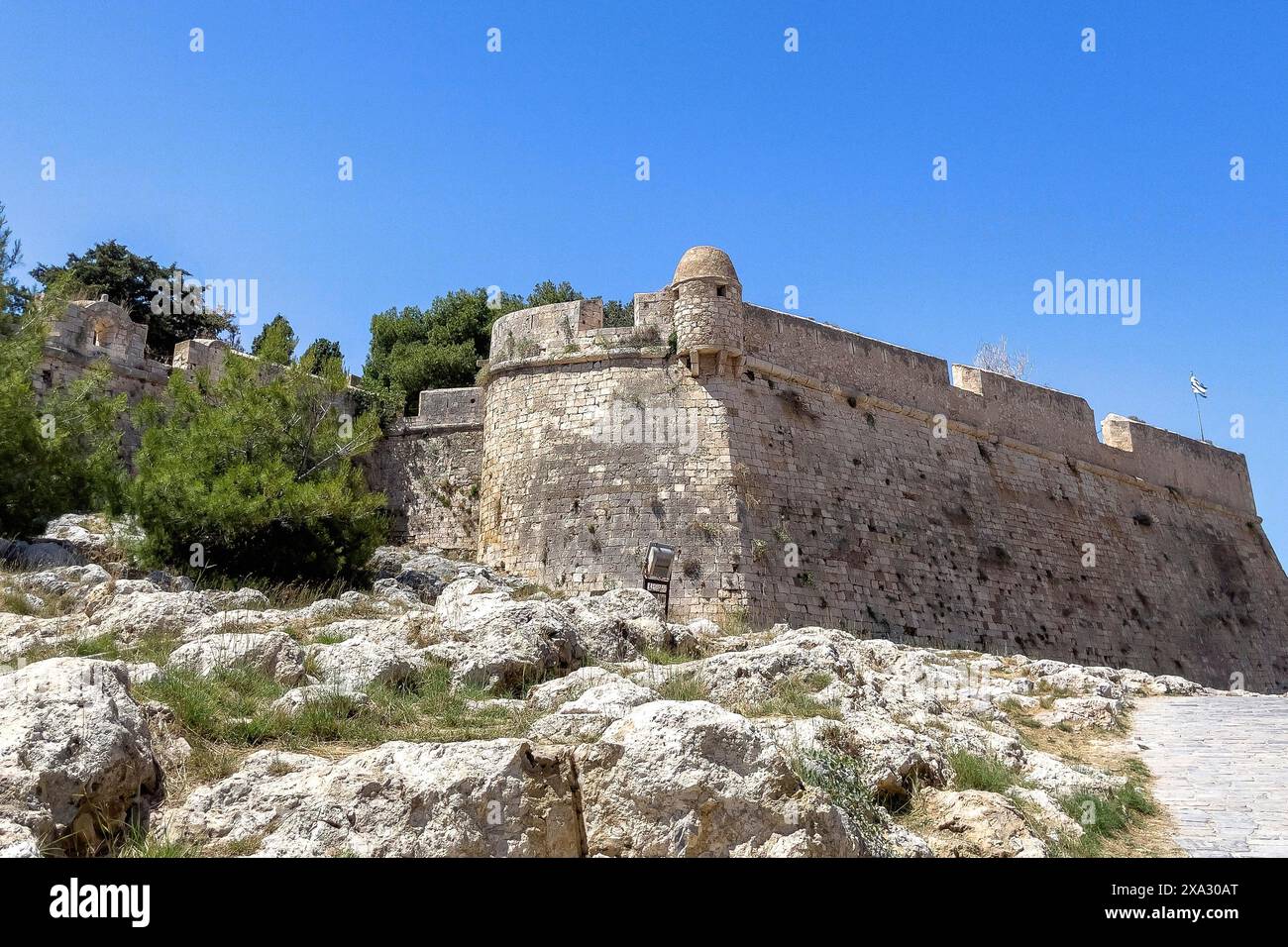 Fortress wall with one of 10 ten watchtowers on east side of fortress ...