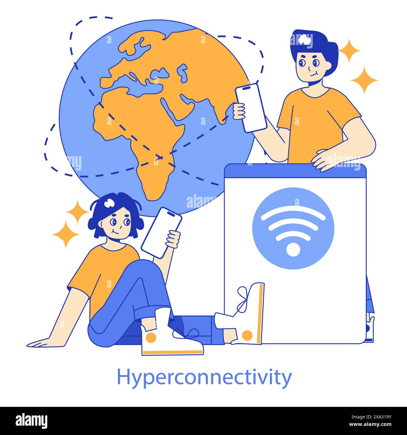 Hyperconnectivity concept. Two individuals using gadgets with a global ...