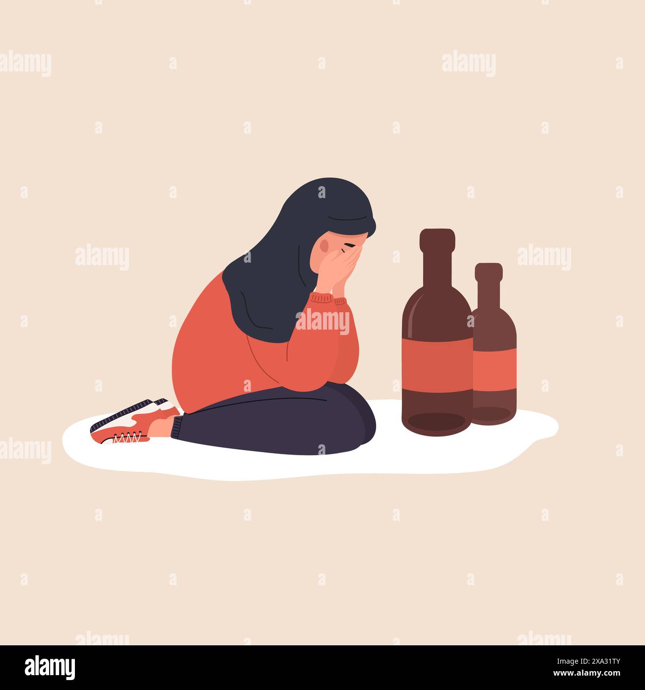 Female Alcoholism. Depressed arabian woman sitting on floor and crying ...