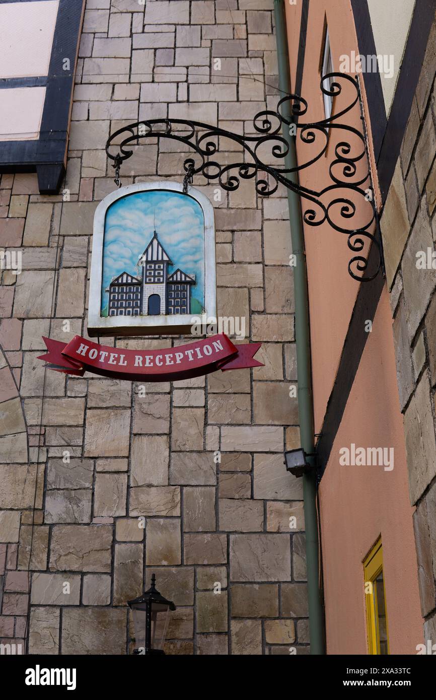 View of Colmar Tropicale hotel signage, A medieval french village in ...