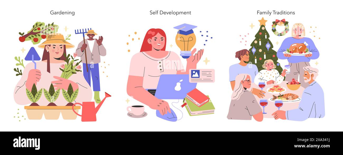 Lifestyle activities set. Gardening hobby, self-improvement, and family ...