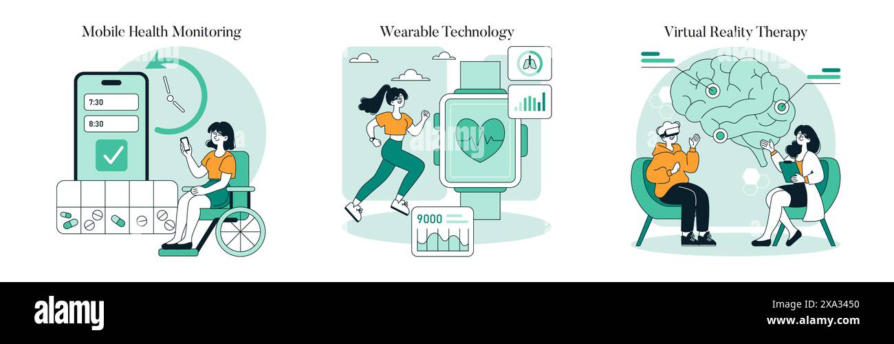 Health Technology set. Showcasing mobile health monitoring, wearable ...