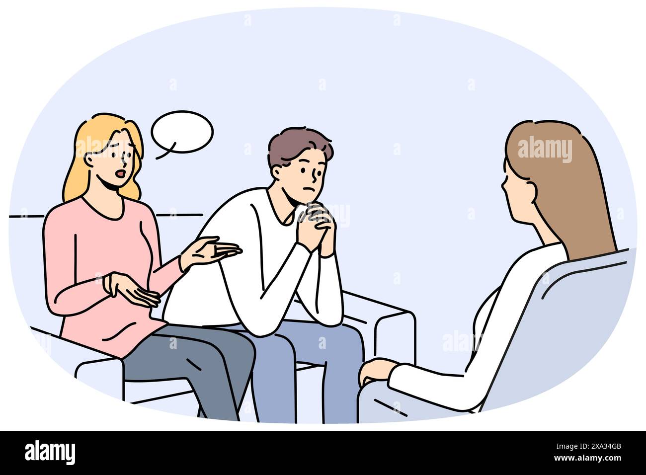 Couple at family therapist in office, sitting on couch talking about ...