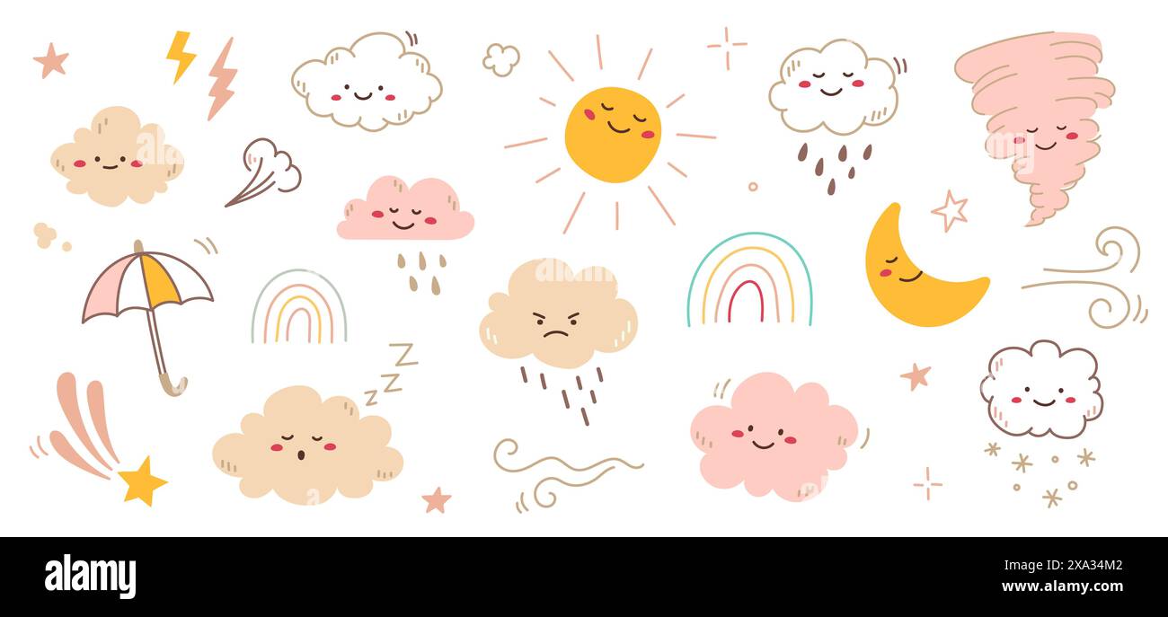 Cloud rain weather cartoon cute set. Cloud, sun, moon weather character ...