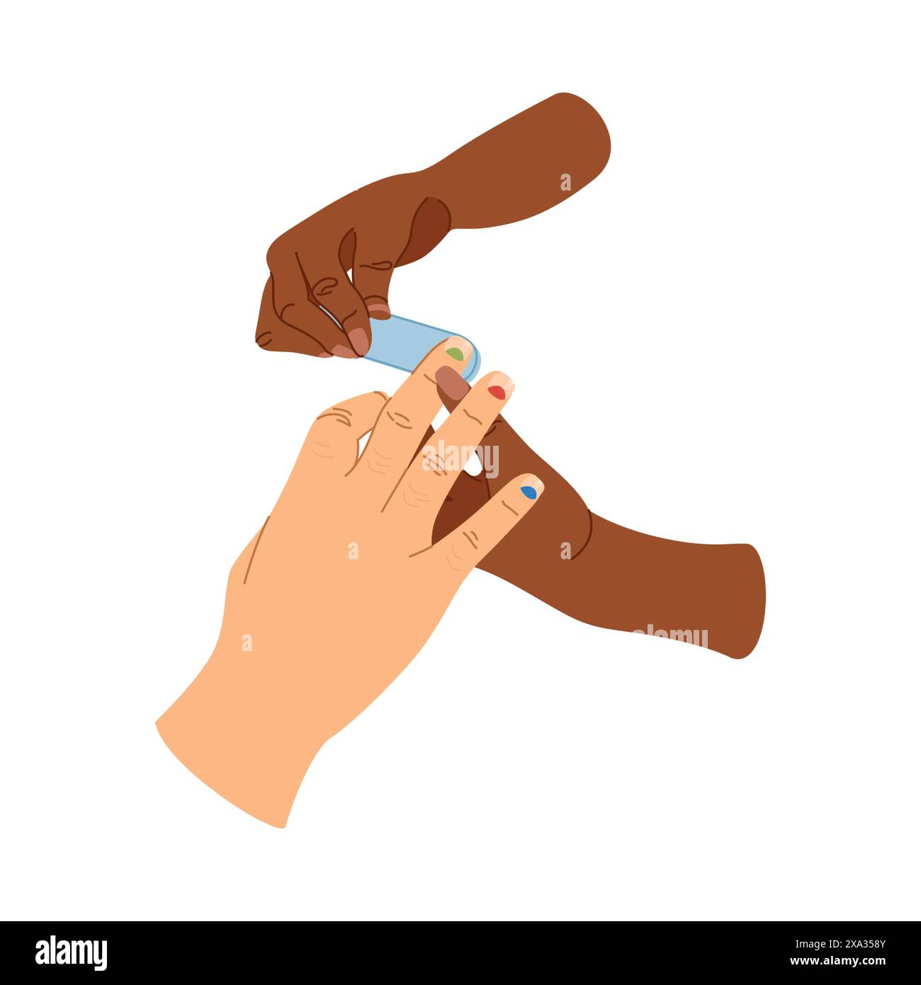 Specialist with nail tools making manicure for client. Vector in flat ...