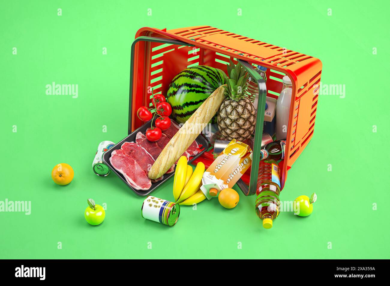 Overturned shopping basket full of variety of grocery products, food ...
