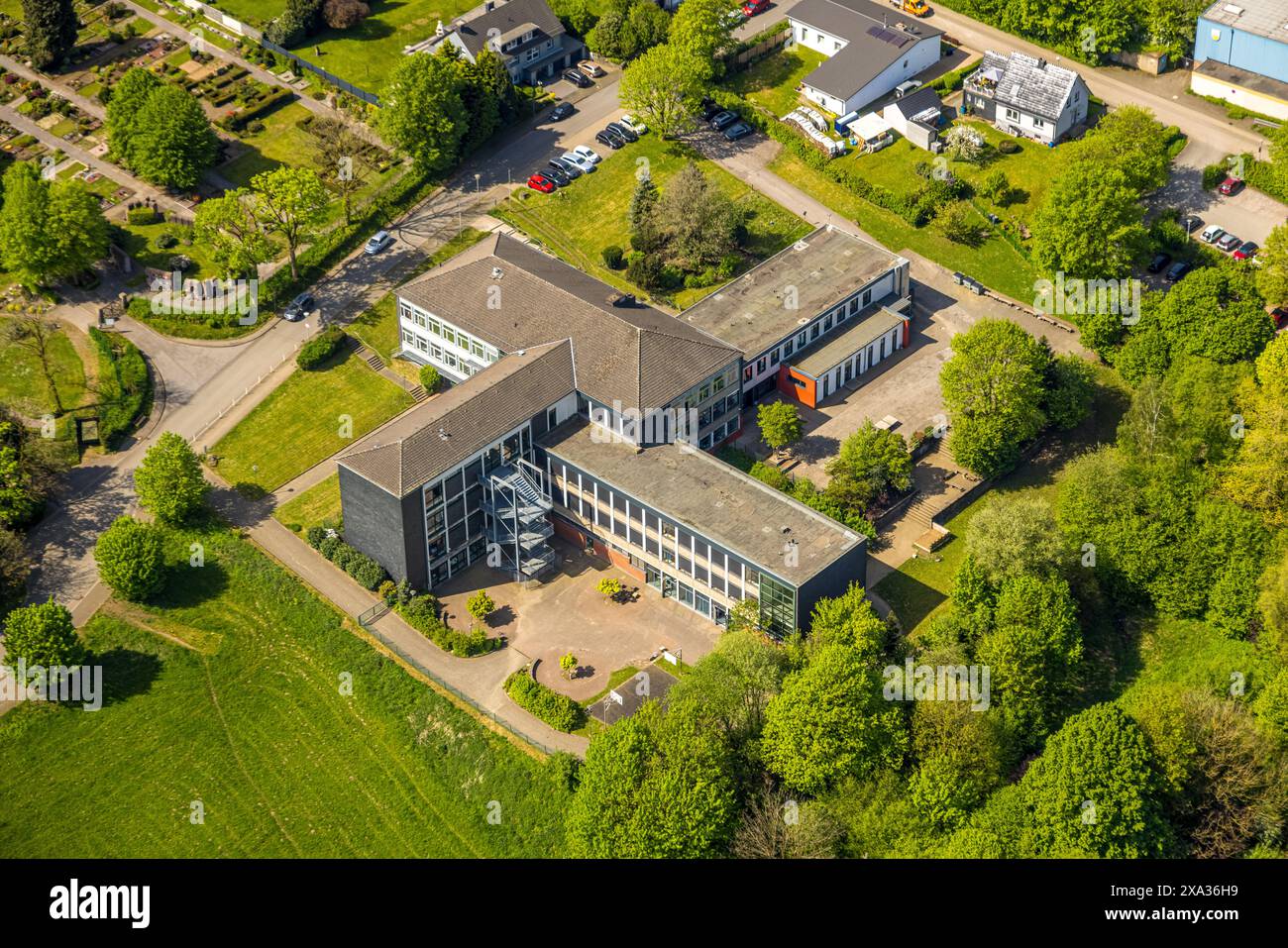 Aerial view, St. Jacobus secondary school, Breckerfeld, Ruhr area ...