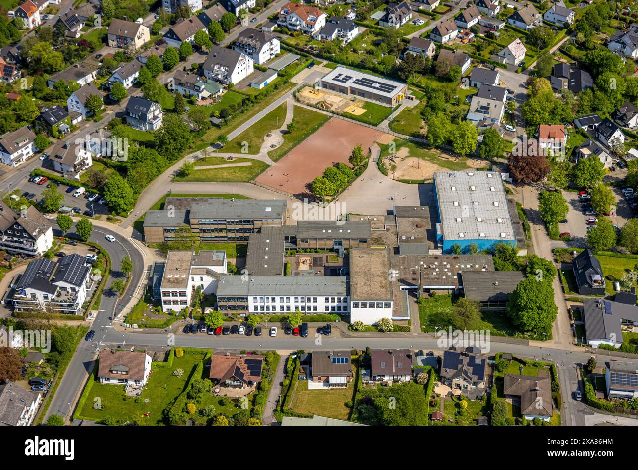 Aerial view, Breckerfeld elementary school with sports field and ...