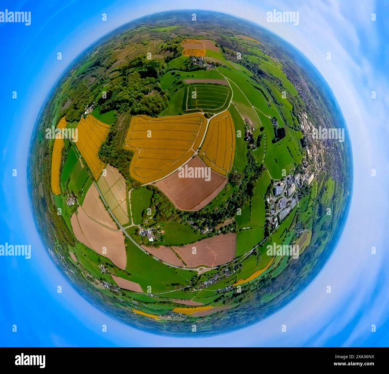 Aerial view, meadows and fields of the farming community Sonnenschein ...