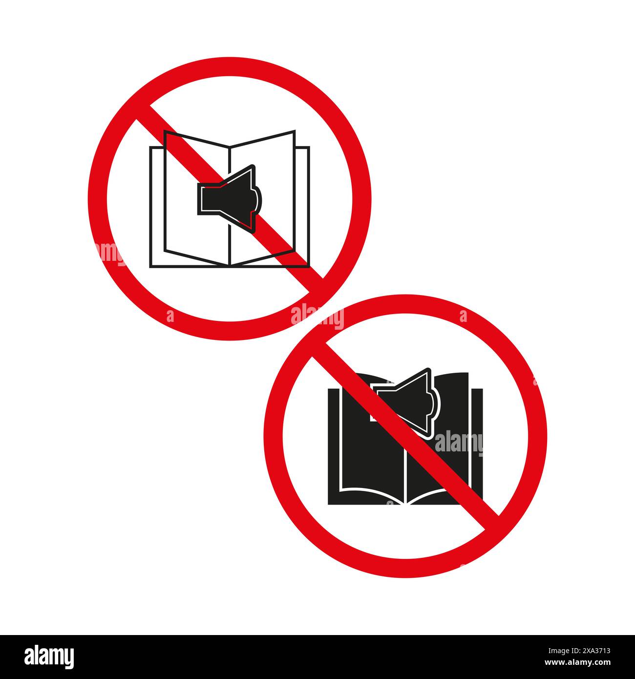No sound icon. Book and speaker. Red prohibition sign. Vector ...