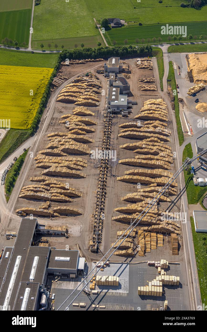 Aerial view, Egger Holzwerkstoffe Brilon GmbH, wood storage yard ...