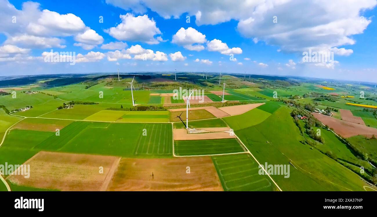 Aerial view, wind farm wind turbine, distant view with blue sky and ...