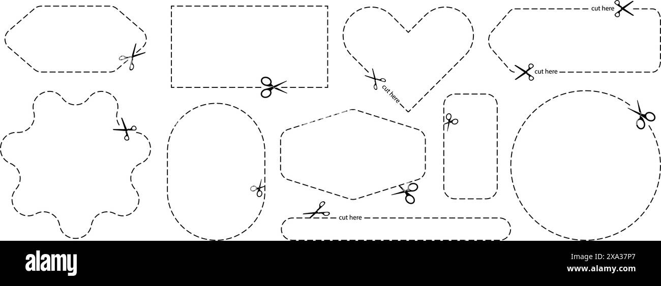 Cut here icon. Set of scissors cutting shape, paper cut here icon with ...