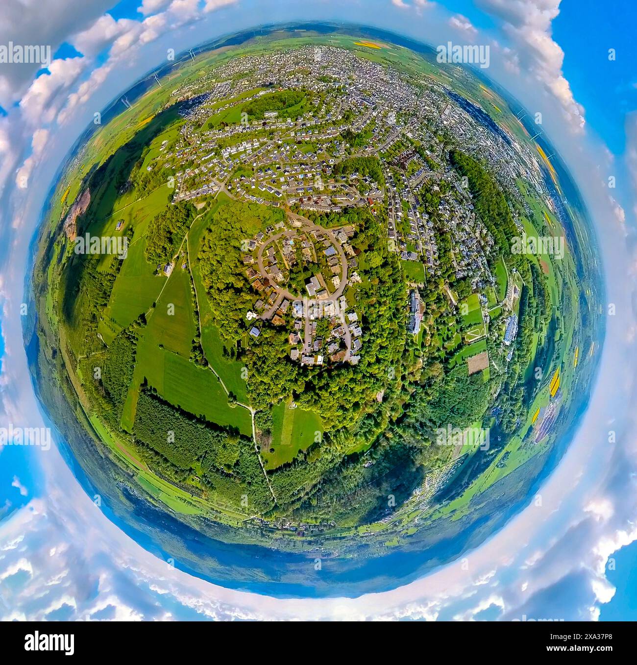 Aerial view, circular residential area Itzelstein, on the right the spa ...
