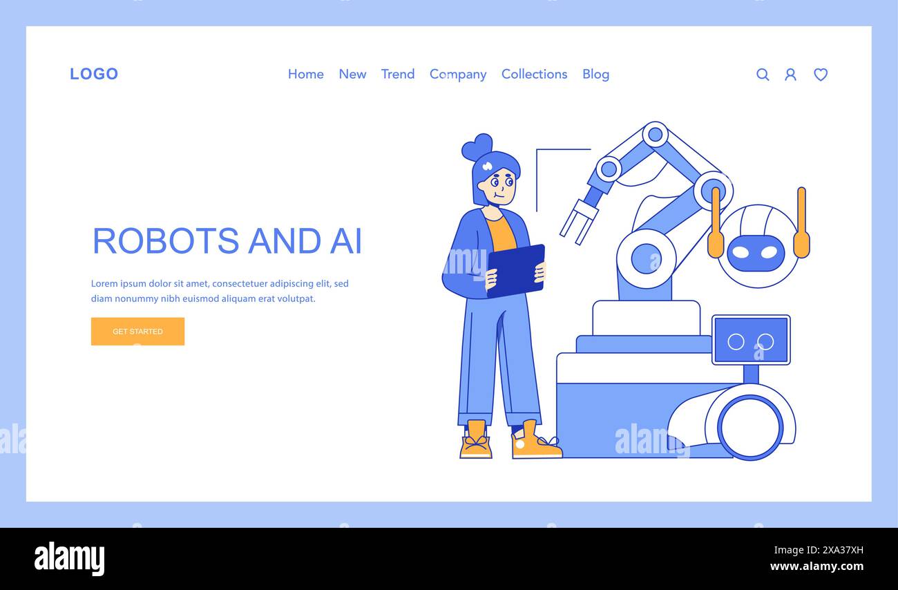 Robotics and AI concept. A woman interacts with advanced robotics, highlighting the human-tech ...