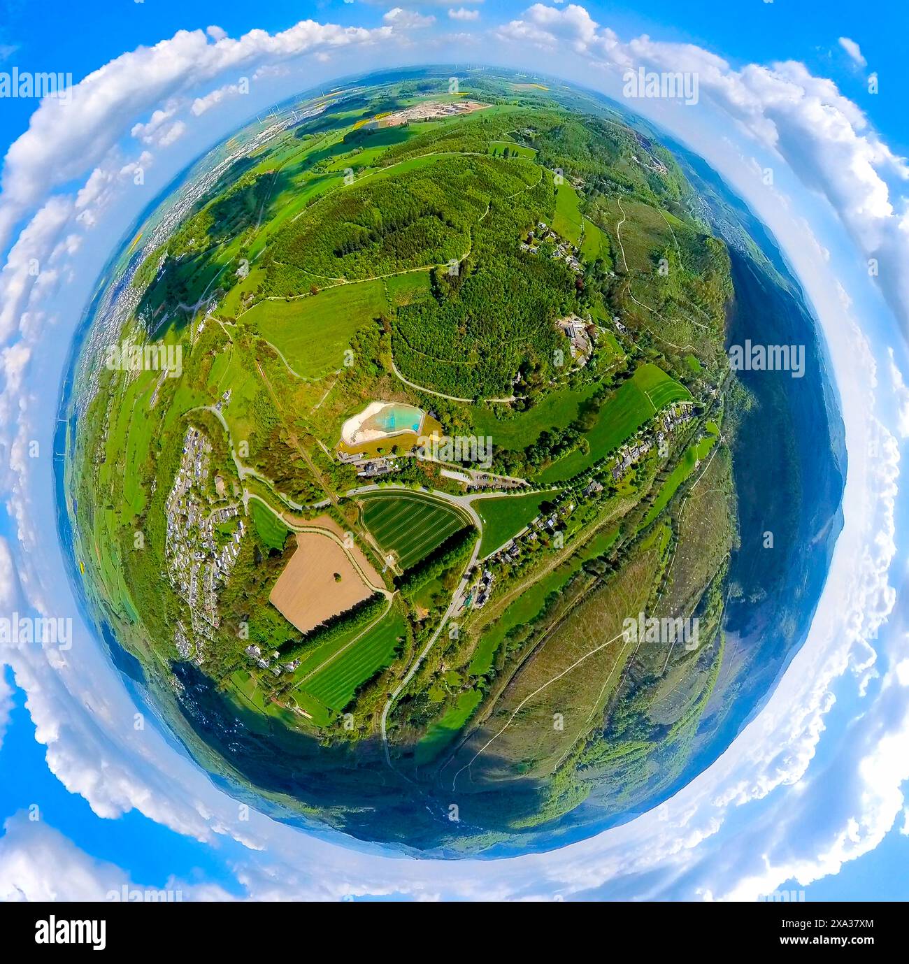 Aerial view, forest swimming pool Gudenhagen with little water ...