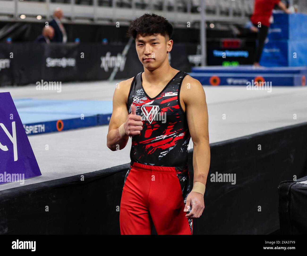 June 1, 2024: Yul Moldauer gives a ''thumbs up'' prior to the Men's Day ...