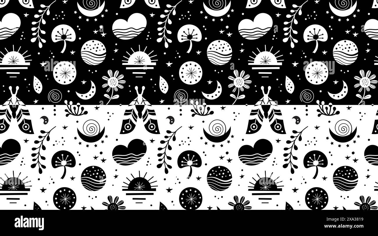 Seamless neo folk patterns set with butterfly, moth and flowers, black ...