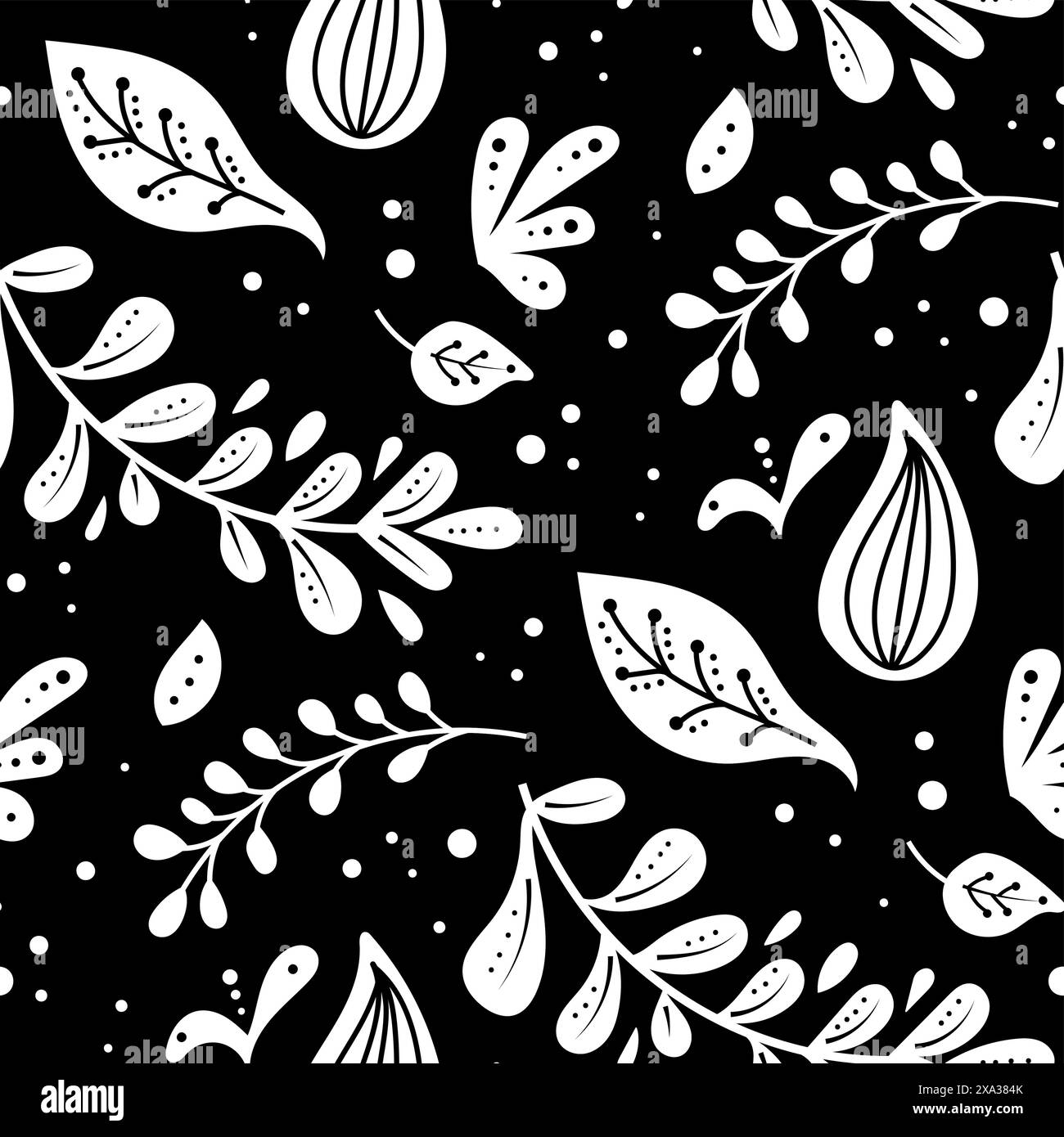 Seamless neo folk art vector pattern with flowers, black and white ...