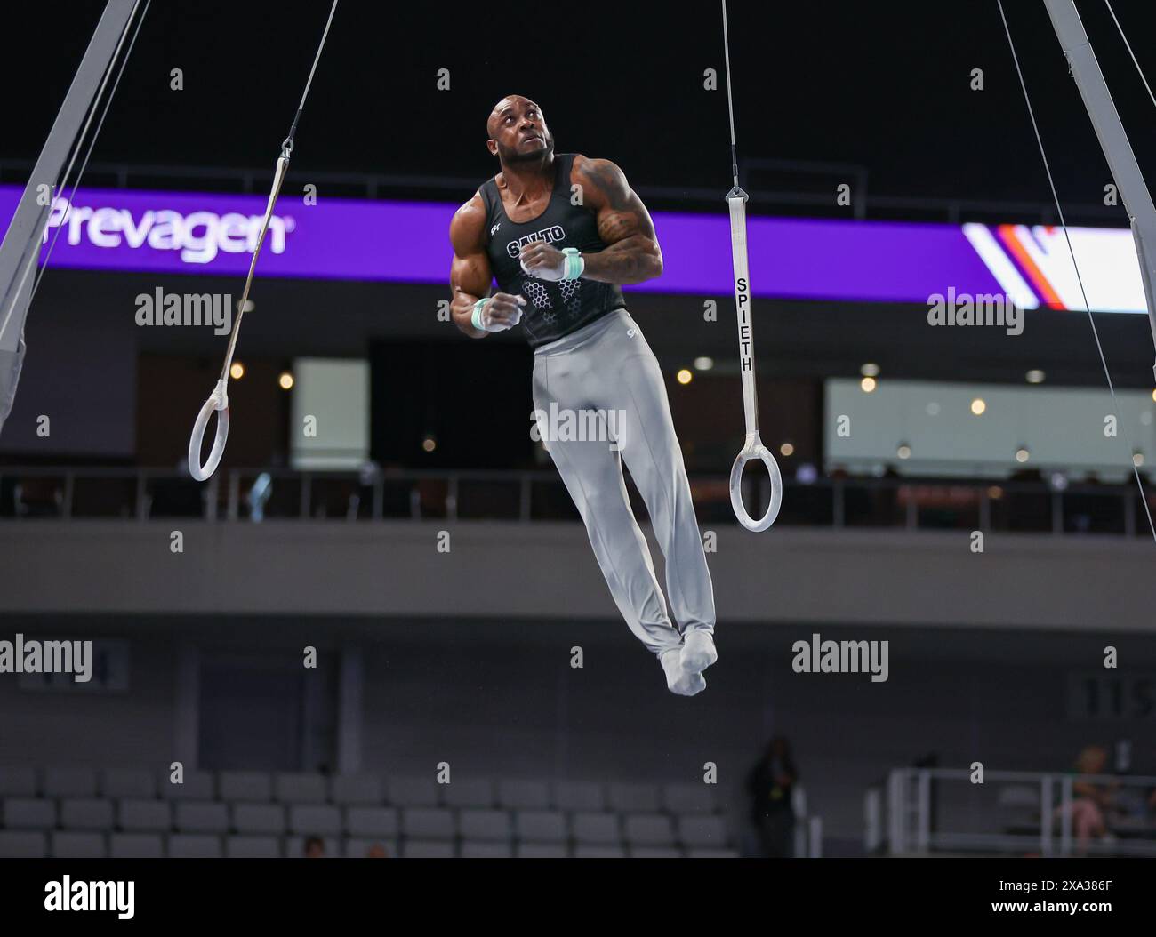 June 1, 2024: Donnell Whittenburg dismounts the rings during the Men's ...