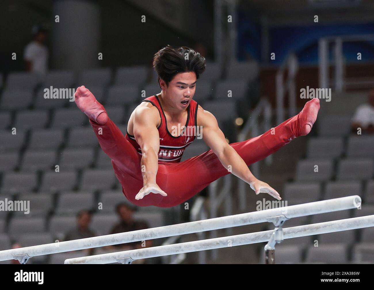 June 1, 2024: Asher Hong competes on the parallel bars during the Men's ...