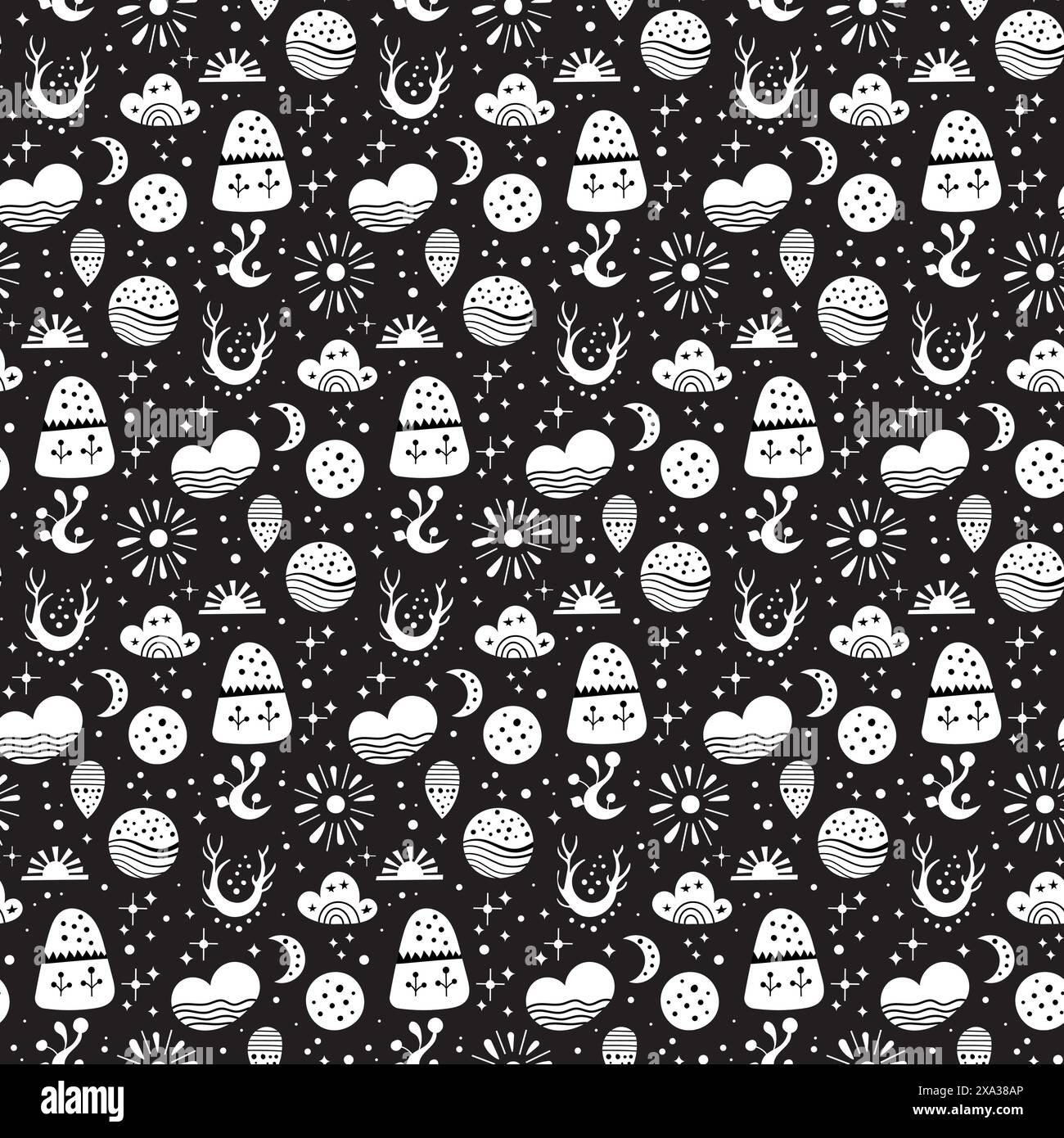 Seamless neo folk art vector pattern with mountains, moon and flowers ...