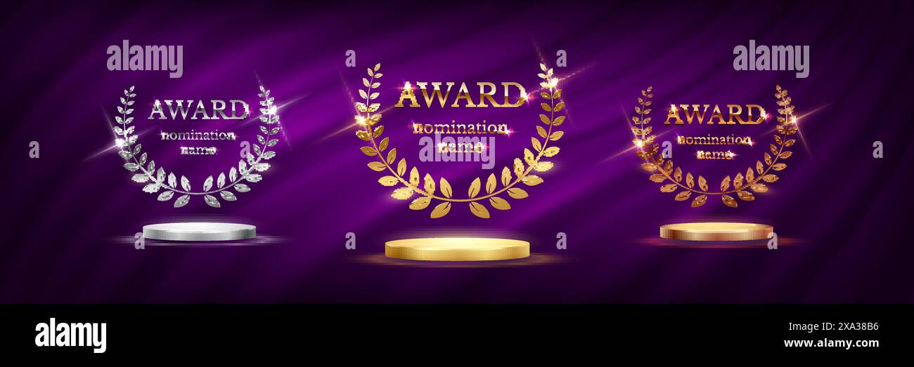 Award podium for gold, silver, bronze winners with laurel, number and ...