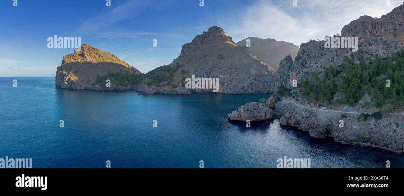 A panorama landscape view of the rugged and mountainous coastline at Sa ...