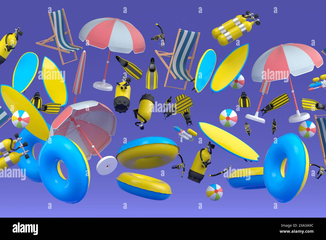 Many of flying suitcase or baggage with beach accessories on violet ...