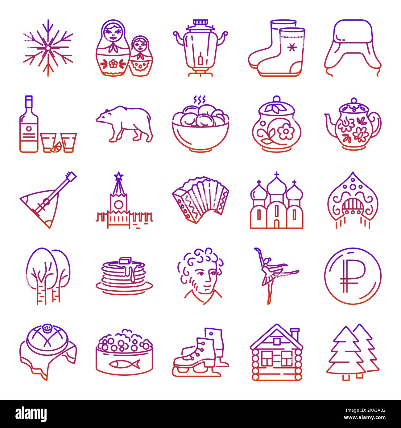 Russia traditional symbols icon set in line style. Vector illustration ...
