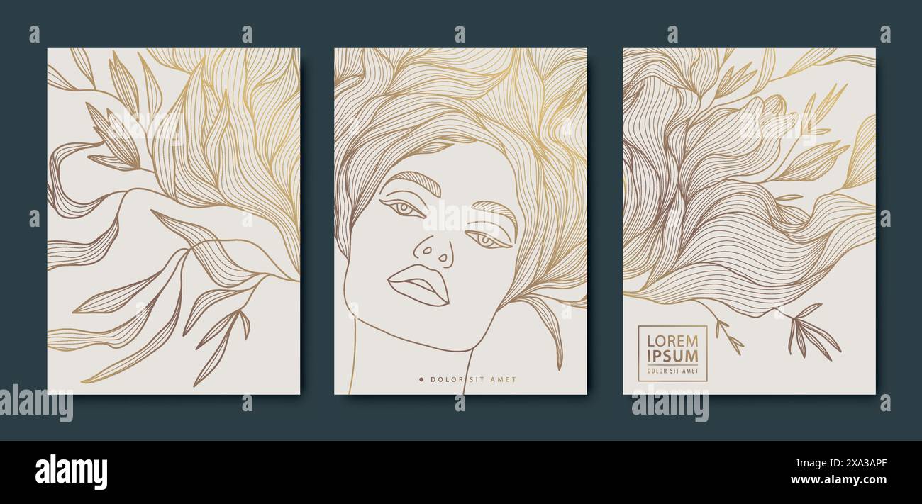 Vector set of woman line art covers, golden beauty design portrait with ...