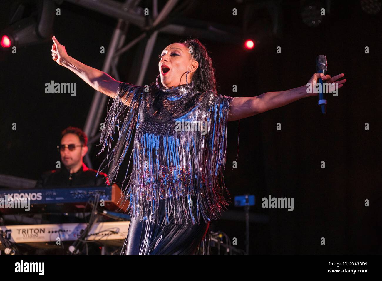 Debbie Sledge of Sister Sledge performing at Wychwood Festival ...