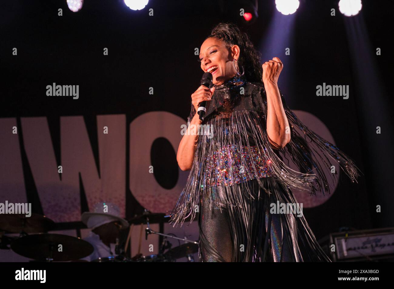 Debbie Sledge of Sister Sledge performing at Wychwood Festival ...