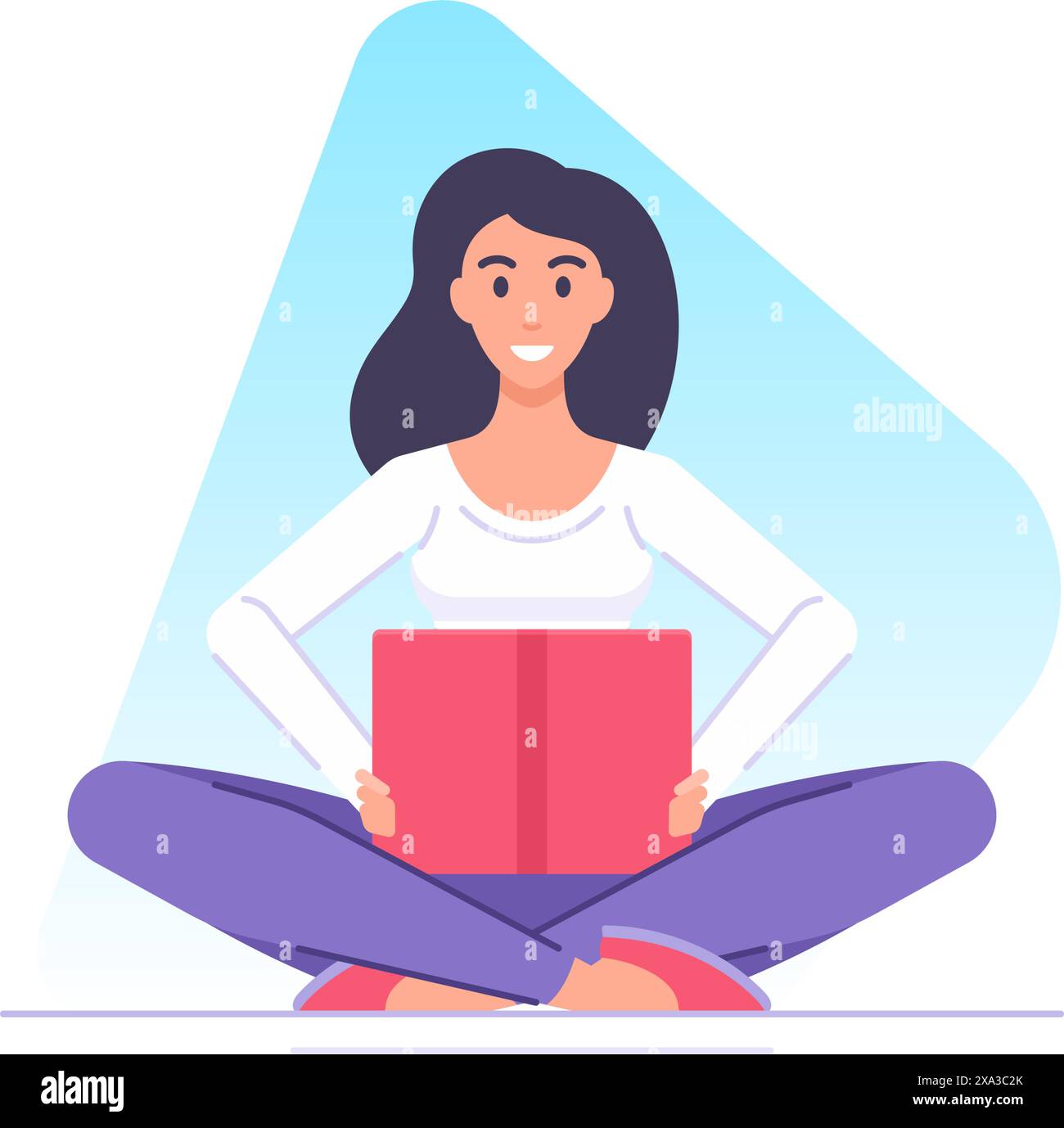 Happy woman reading paper book sitting in lotus position relaxing ...