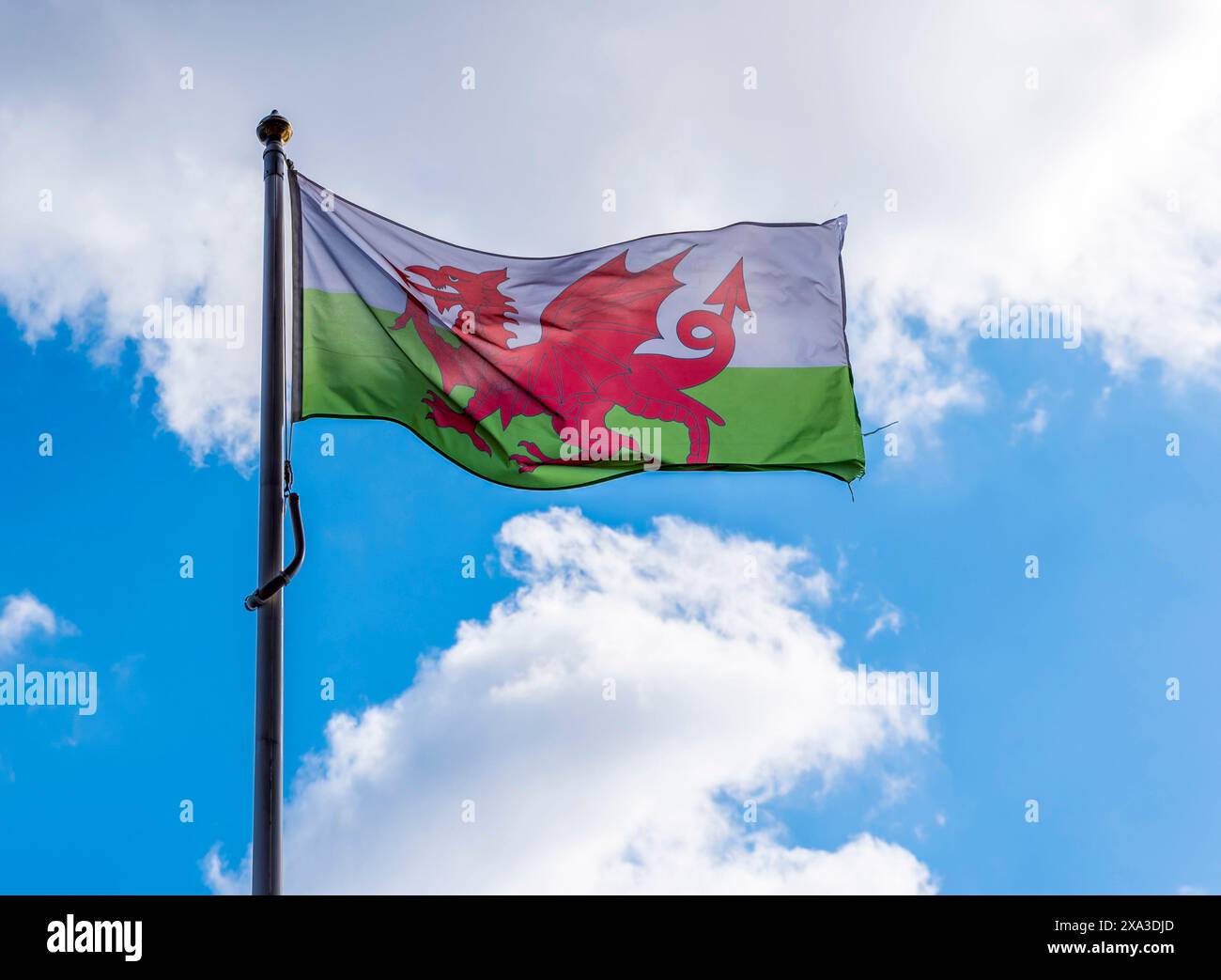 Welsh Flag flying in the wind, against a blue summers sky Stock Photo ...
