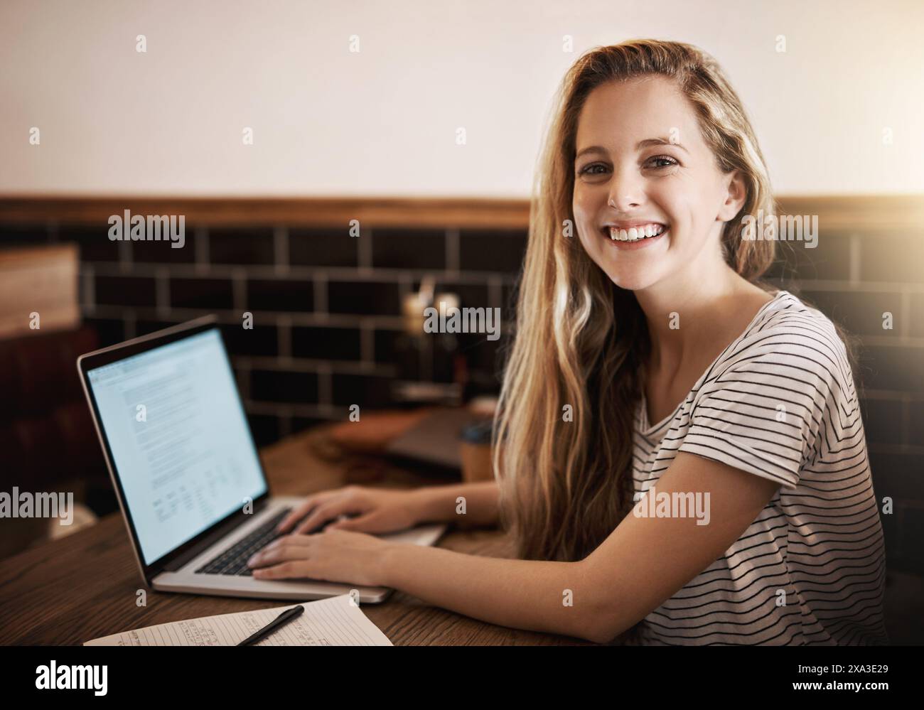 Woman, happy and portrait at cafe with laptop as university student for ...