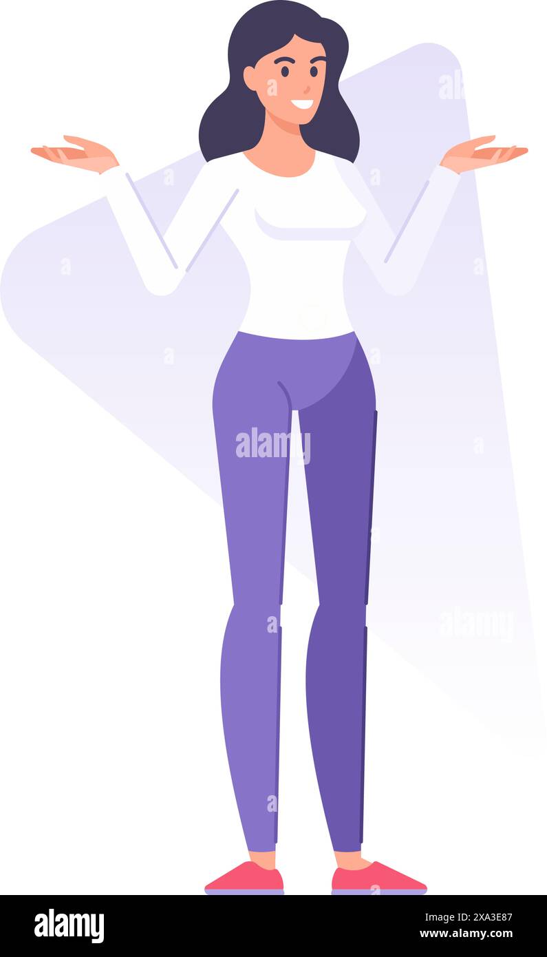 Happy brunette woman uncertain gesture with raising hands vector flat ...