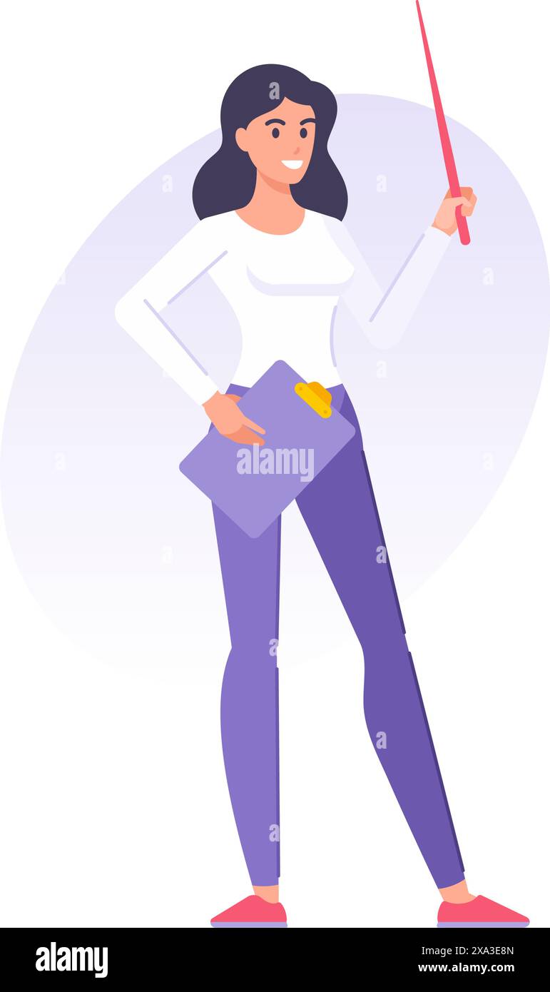 Happy woman teacher talking explaining lecture seminar with pointer and clipboard vector flat ...