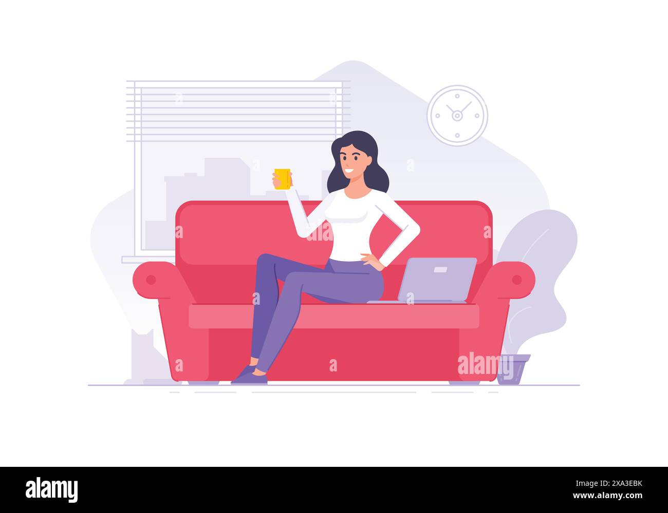 Cartoon female character with coffee on sofa flat style vector ...