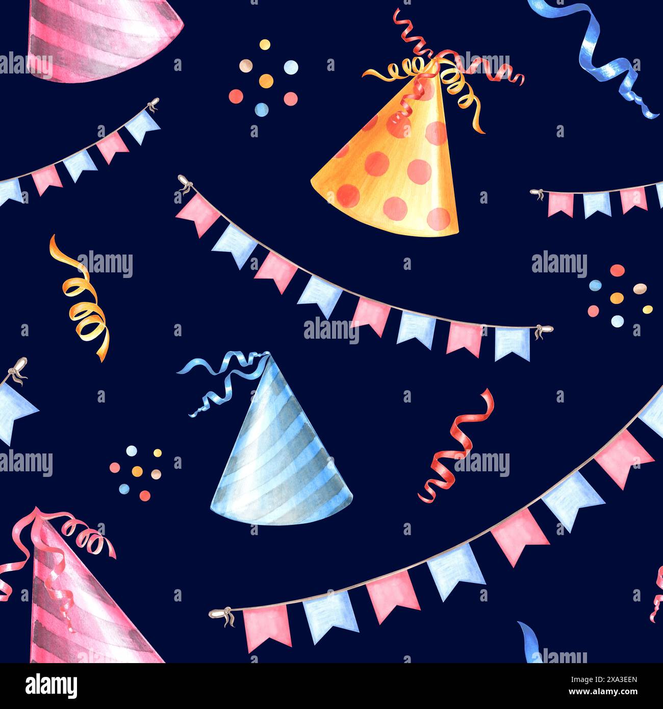 Party hats and Garland of flags Ribbons and confetti. Seamless pattern ...